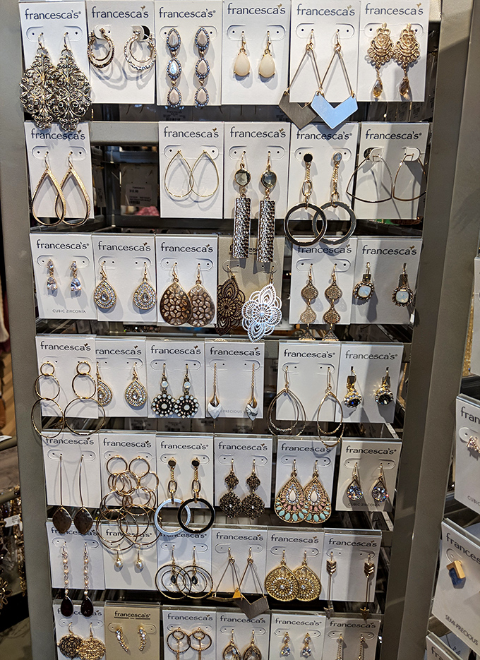 Francesca's jewelry display offers enough sparkle to blind a magpie. Accessorize now, explain the credit card bill later.
