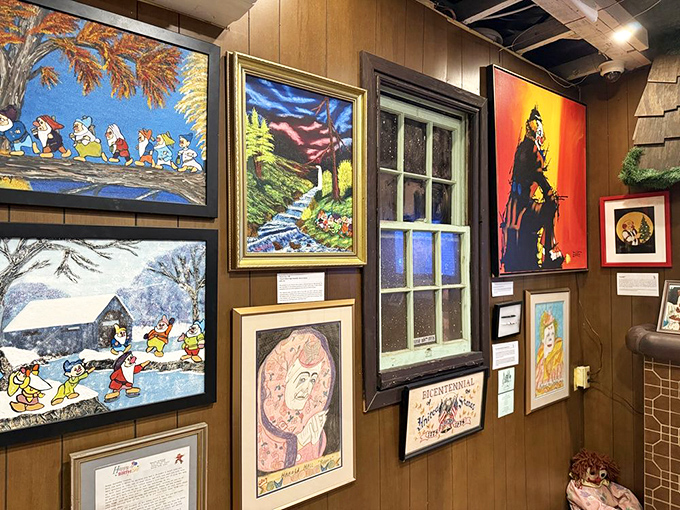 Unsettling artwork lines the walls of this gallery. The juxtaposition of innocent cartoon characters against darker themes creates a dissonance that's both fascinating and disturbing.