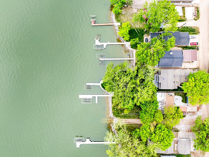 Johnson Lake's docks stretch into emerald waters like fingers reaching for tranquility. Nature's stress relief program, no prescription needed.