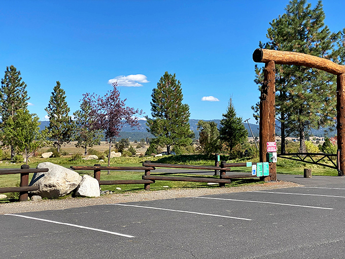 This rustic entrance to Kelly's Whitewater Park welcomes outdoor enthusiasts to one of Cascade's recreational gems, where adventure awaits just beyond the parking lot.