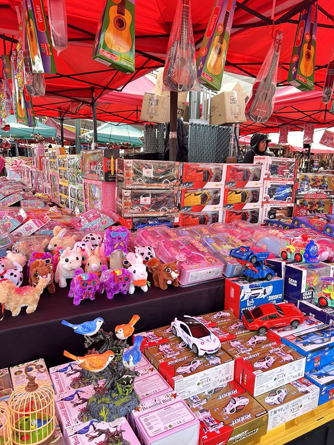 Childhood joy by the boxful! Guitars, stuffed animals, and toy cars compete for attention in this colorful corner of kiddie paradise.