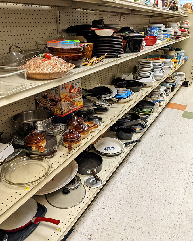 The kitchenware section: where Pyrex dreams come true and vintage Corningware finds new homes.