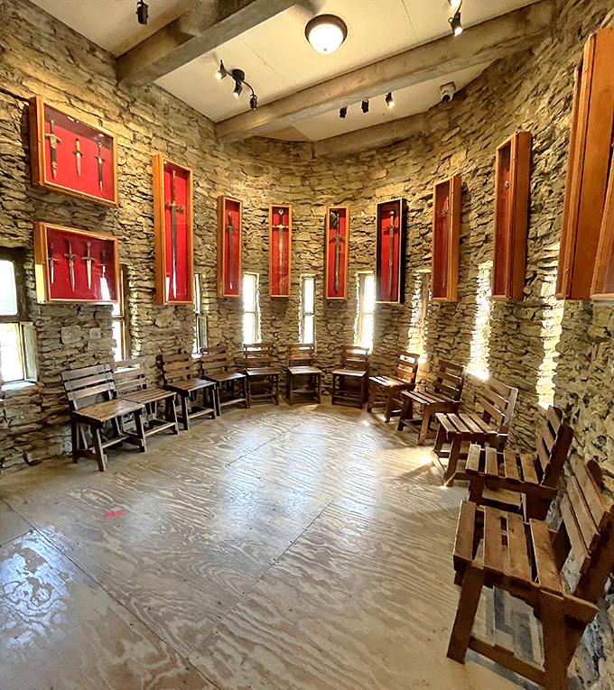 The Knight Room displays an impressive collection of swords behind red panels, perfect for imagining yourself as the hero in your own Game of Thrones episode.