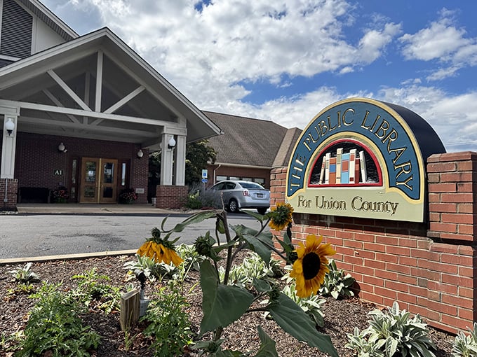The Public Library welcomes bibliophiles with sunflowers nodding in agreement&mdash;because retirement means finally reading all those books on your list.