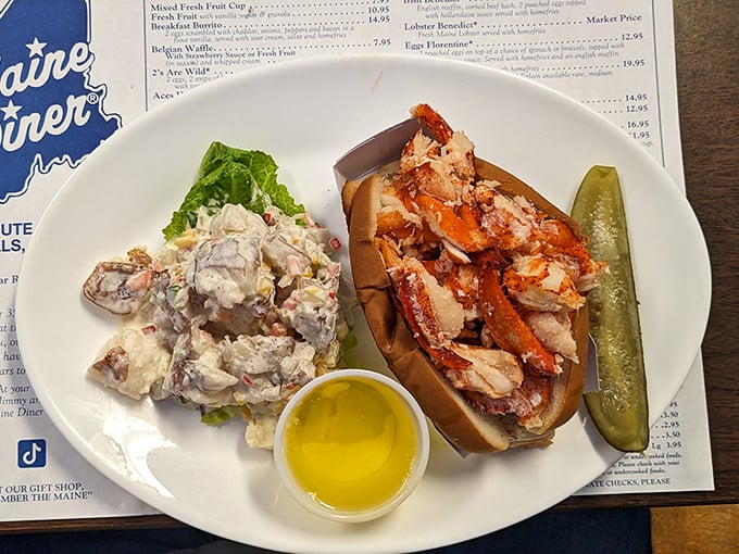 Behold the lobster roll that launched a thousand return trips, accompanied by potato salad that deserves its own fan club.