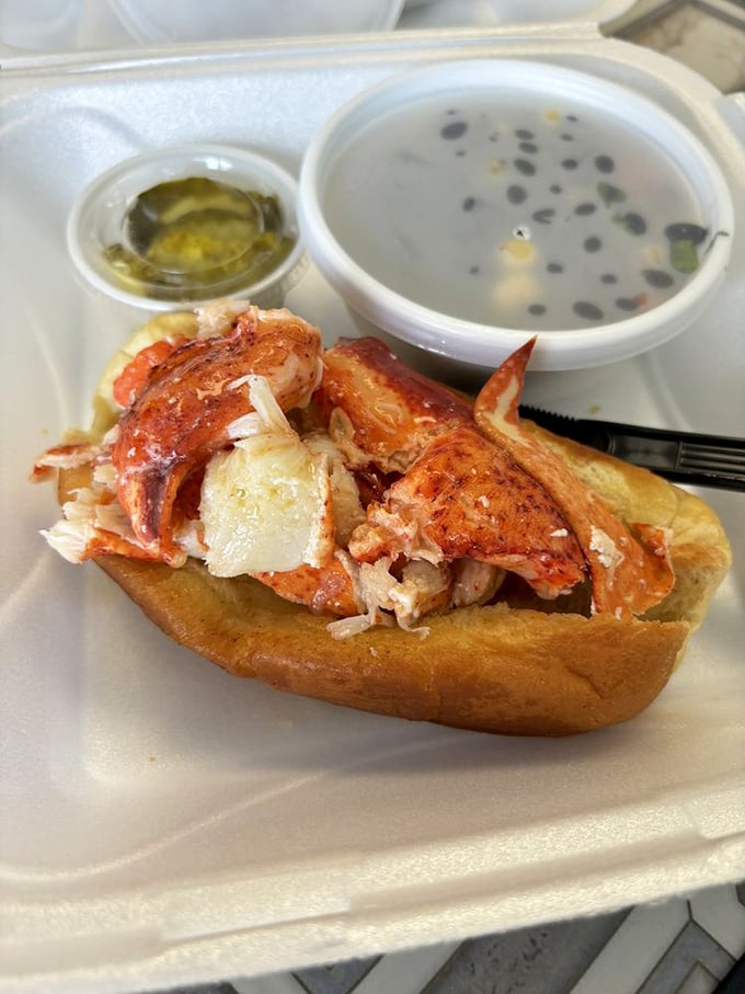 Maine lobster that traveled 1,500 miles to fulfill its destiny. Chunks of sweet meat nestled in a perfectly toasted roll&mdash;seafood nirvana achieved.