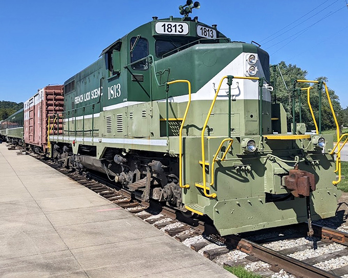 Locomotive #1813 wears its "French Lick Scenic" name proudly, a diesel workhorse that pulls passengers through some of Indiana's most picturesque countryside.