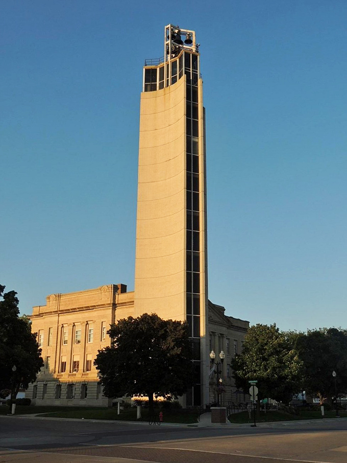 The Mahanay Bell Tower reaches skyward like a midwestern Space Needle, offering panoramic views that remind you Iowa isn't just flat farmland.