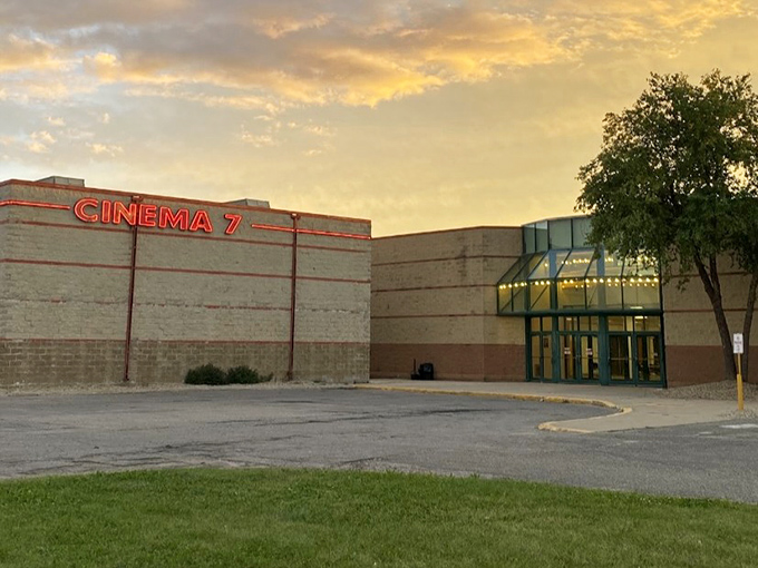 Cinema 7 Theatre glows against the sunset sky, promising entertainment without big-city prices&mdash;a perfect date night that won't require a second mortgage.