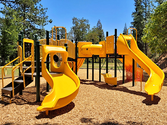 Childhood joy comes in bright yellow at Mariposa's community playground, where grandkids can burn energy while grandparents catch their breath on nearby benches.