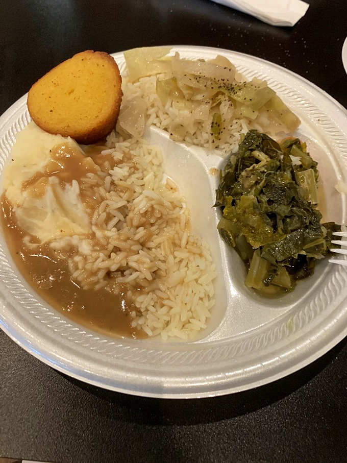 Southern cooking's greatest hits on one plate: rice swimming in gravy, collards cooked to perfection, and cornbread that would make your grandmother jealous.