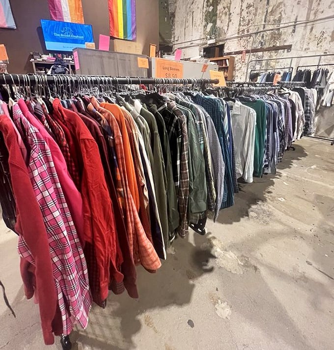 A rainbow of flannel and button-ups stretches toward the horizon &ndash; proof that one person's closet cleanout becomes another's fashion revolution.