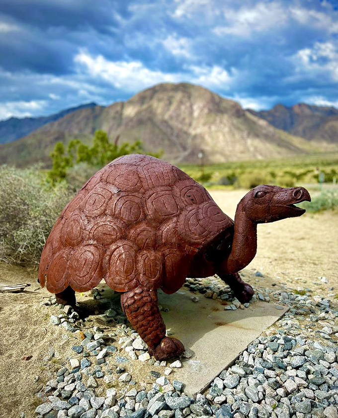 This tortoise won't win any races, but its permanent metal home against the dramatic mountain backdrop makes for an unbeatable photo opportunity.