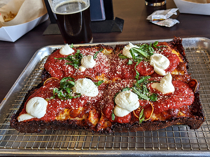 Detroit-style pizza that's all crispy edges and melty middles &ndash; like the culinary equivalent of business in front, party in back.