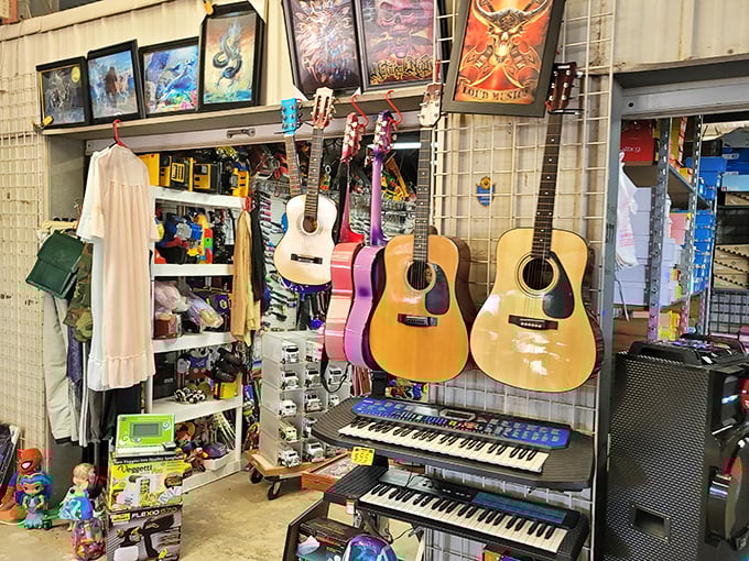 A treasure hunter's jackpot: vintage guitars and keyboards waiting to soundtrack someone's next chapter. That purple one's definitely seen some Louisiana Saturday nights!