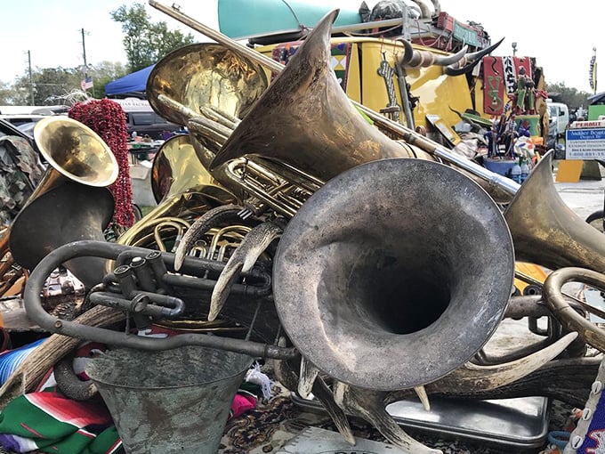 A brass section without the orchestra! These weathered horns have played their last notes but found new life as conversation pieces for music lovers.