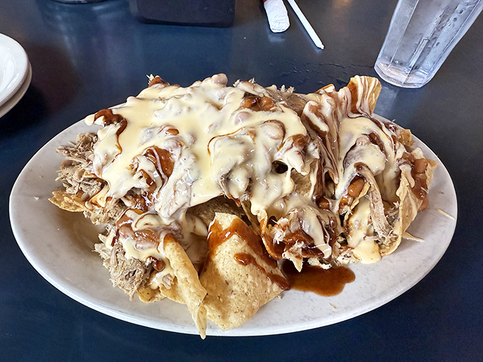 Nachos that require a topographical map to navigate&mdash;layers of pulled pork, cheese, and sauce creating delicious terrain worth exploring.