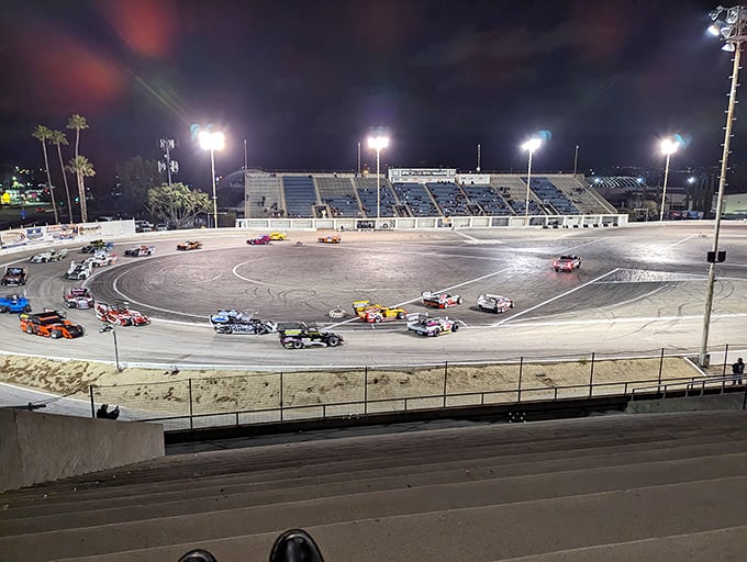 Night racing at the Orange Show Speedway—where the roar of engines and smell of burning rubber create a uniquely American spectacle.