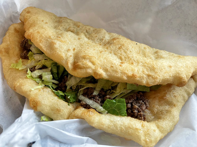 The Native taco&mdash;a perfect marriage of golden fry bread and savory fillings that puts every food truck "fusion" attempt to shame.