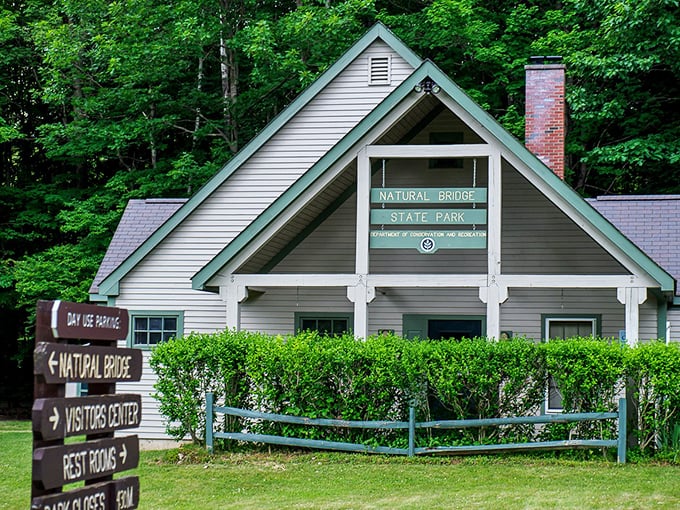 Natural Bridge State Park's visitor center welcomes explorers to Massachusetts' only natural marble bridge&mdash;nature's architecture at its most impressive.