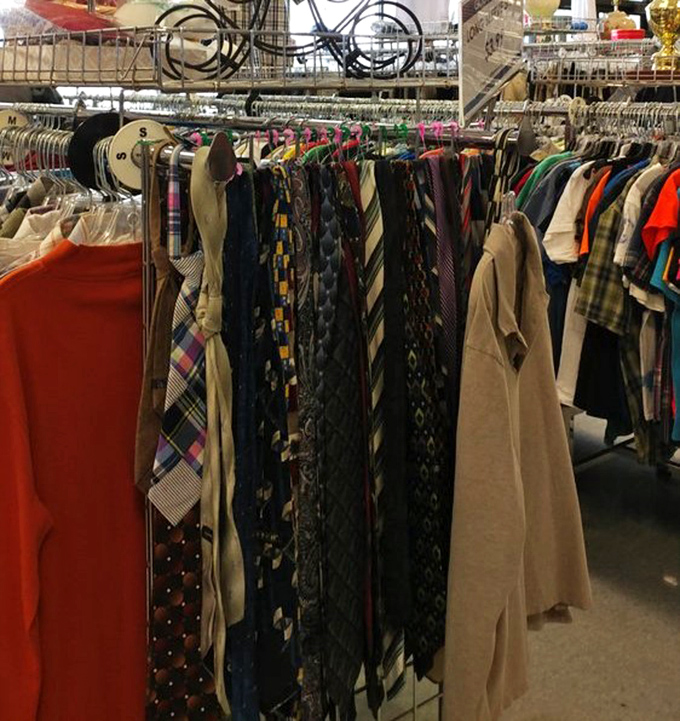 The necktie section: a silk-laden time capsule of corporate America's fashion history, from power patterns to subtle stripes.