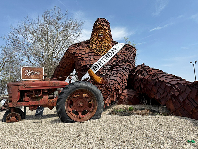 Nothing says "small town charm with a twist" like a giant Bigfoot sculpture riding a vintage tractor. Roadside America at its quirky best.