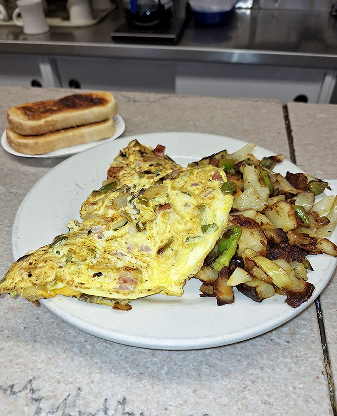 This isn't just an omelet – it's a masterclass in diner cooking. Fluffy eggs, generous fillings, and those crispy-edged potatoes that haunt your breakfast dreams.