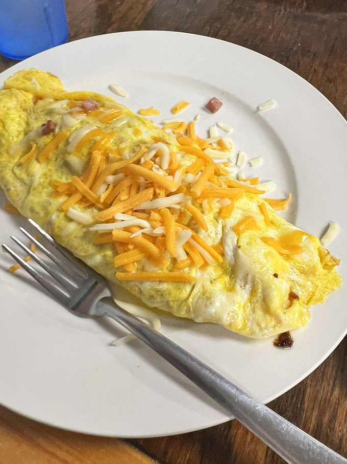 This isn't just breakfast; it's a Tennessee morning tradition&mdash;cheese-draped eggs folded perfectly, waiting to fuel your day with homestyle goodness.