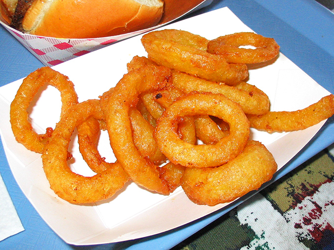 Golden onion rings that shatter with each bite—the perfect circular delivery system for deep-fried happiness. Diet starts tomorrow.