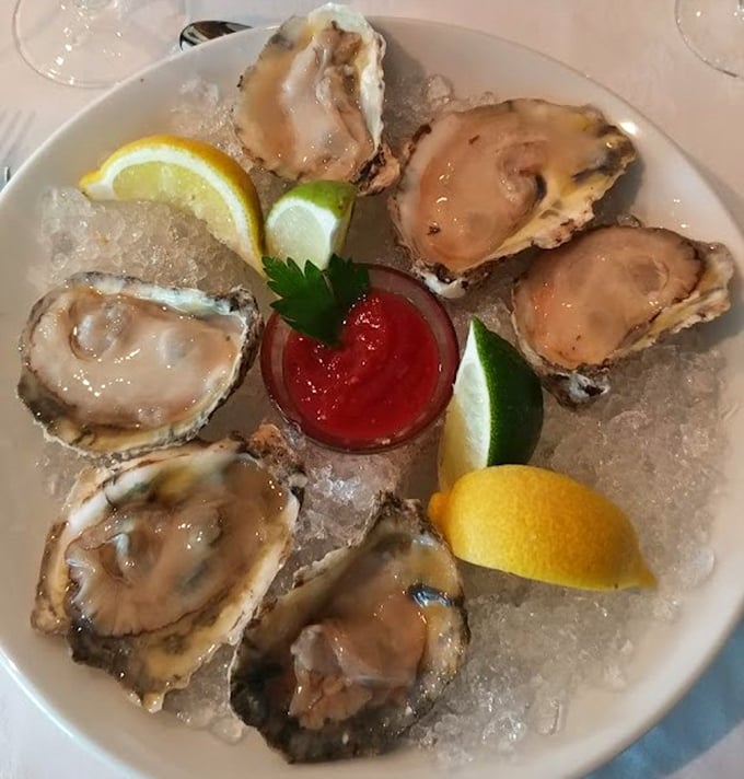 Oysters arranged like jewelry on a bed of ice, with lemon wedges standing by for that perfect squeeze of sunshine.