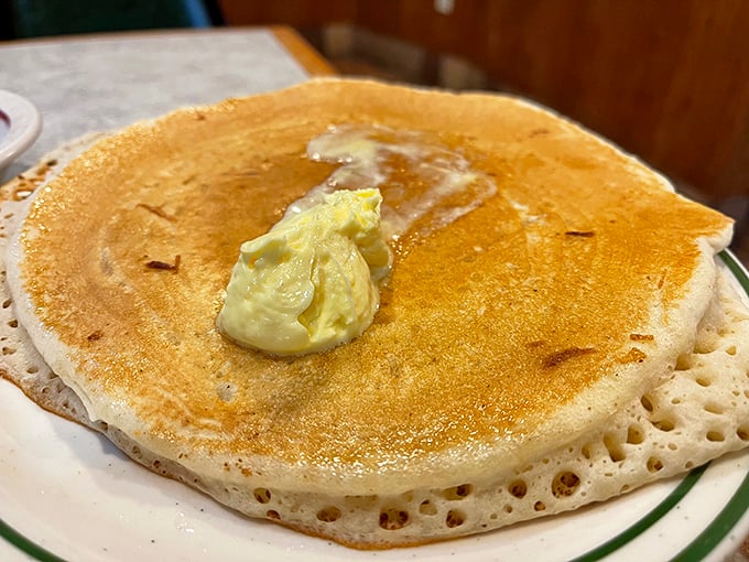 Pancakes shouldn't make you emotional, but these golden discs with their perfect butter pat might just bring a tear to your eye. Breakfast poetry on a plate.
