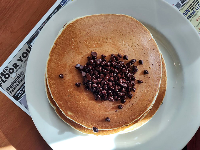 Chocolate chip pancakes that make you question whether breakfast or dessert boundaries even matter. The answer, deliciously, is that they don't.