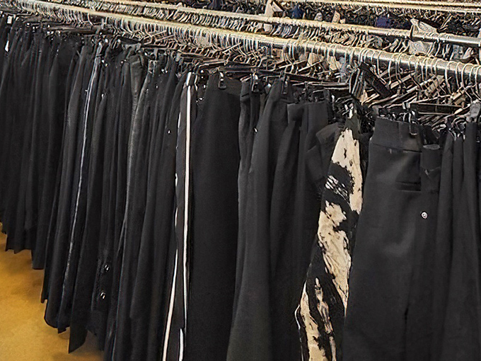 The pants section rivals Wall Street for its sea of dark fabrics, though these won't cost you a stockbroker's salary.