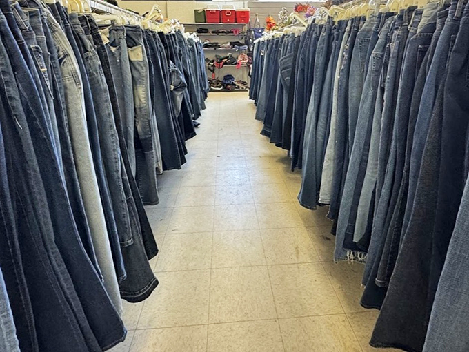 Denim heaven stretches as far as the eye can see. The jean aisle at Red White & Blue is where budget-friendly style begins its journey.