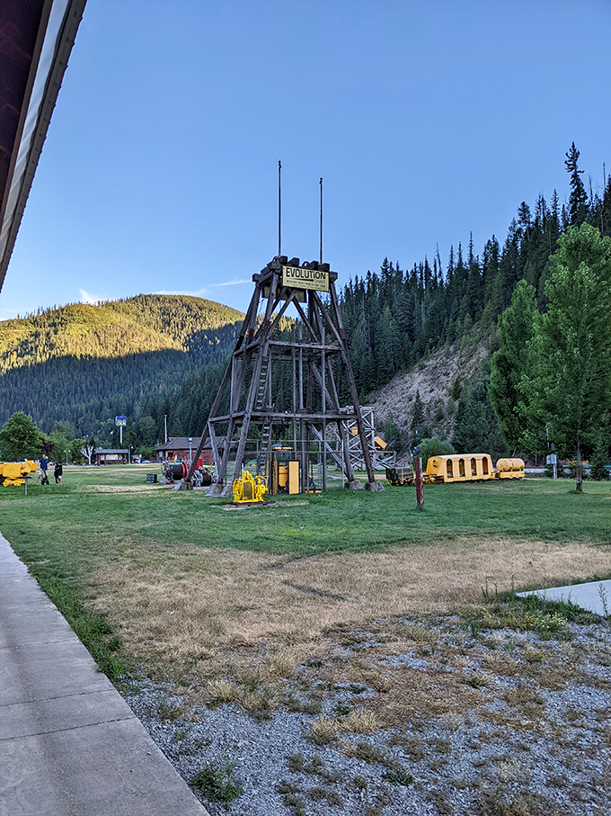 This mining headframe stands as a steel sentinel, a monument to the silver that built Wallace and the grit of generations who descended into the earth.