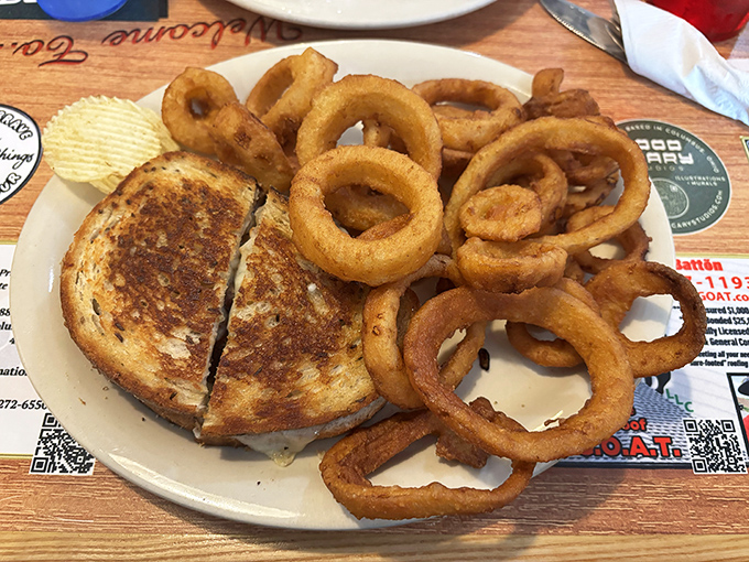 Golden-brown onion rings that crunch like autumn leaves, paired with a perfectly grilled sandwich. Diet plans come here to die happy deaths.