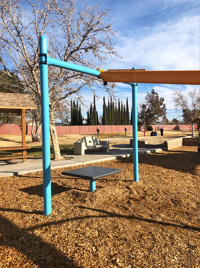 Desert parks embrace practicality with shade structures and simple equipment. Who needs fancy when you've got functional and a view of those mountains?