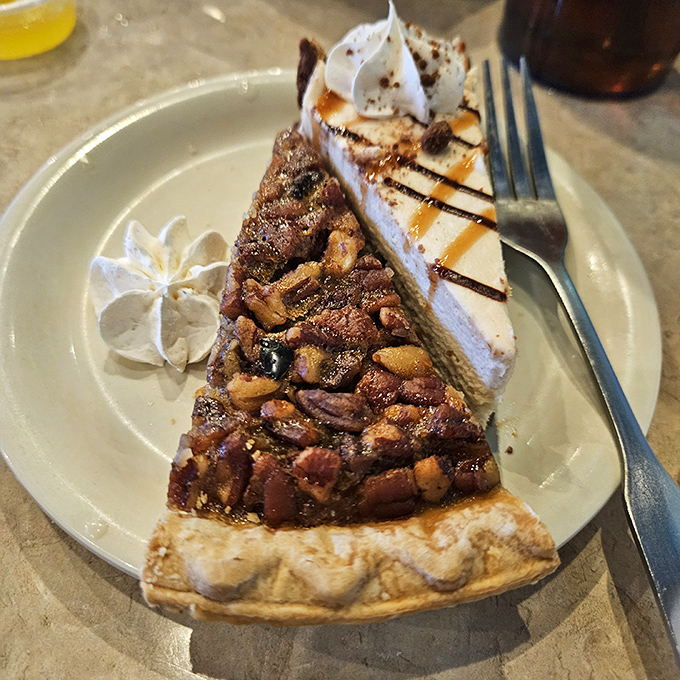Dessert diplomacy at its finest. When pecan pie and cheesecake share a plate, everybody wins—especially your taste buds.