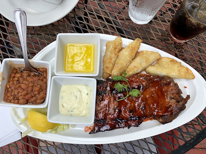 Barbecue meets seafood in this glorious union of land and sea. Those crispy perch fillets with baked beans are the Midwest's answer to surf and turf.