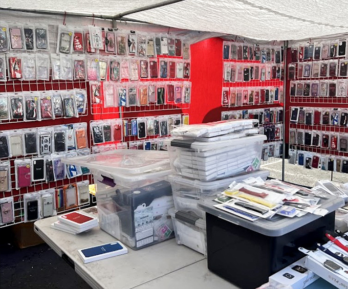 The wall of phone protection possibilities rivals the paint chip display at Home Depot&mdash;but with significantly more rhinestones and cartoon characters.