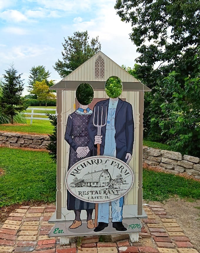 "American Gothic" gets a playful update with this photo cutout stand at Richards Farm Restaurant, where diners can become part of Casey's quirky landscape.