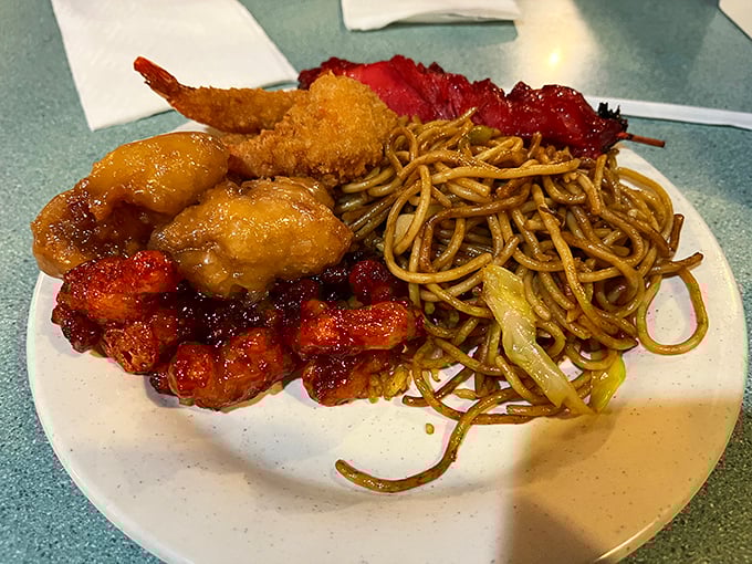 Lo mein noodles playing supporting actor to crispy shrimp and barbecued pork in this all-star ensemble cast of flavors.
