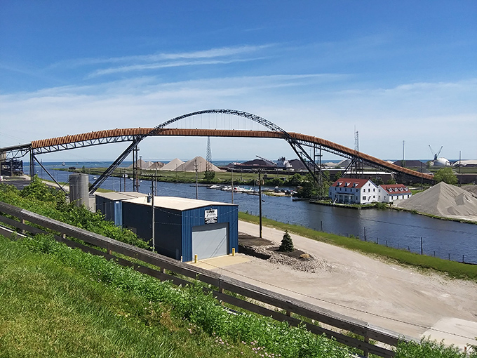 The lift bridge arches over Ashtabula Harbor like an industrial rainbow, connecting the town's working past with its leisure-focused present.