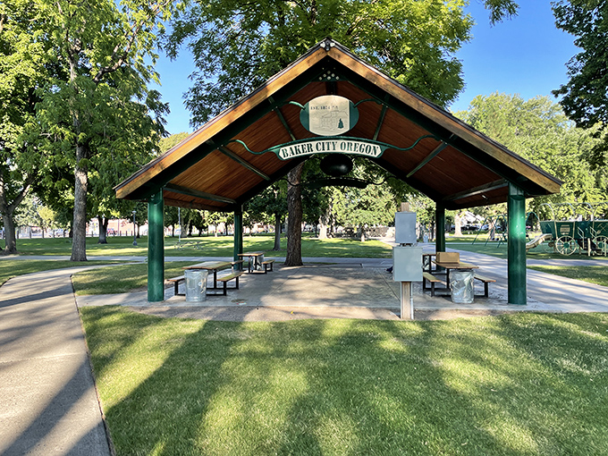 Free outdoor gathering spaces like this Baker City park pavilion mean summer picnics and community events don't require membership fees or reservations.