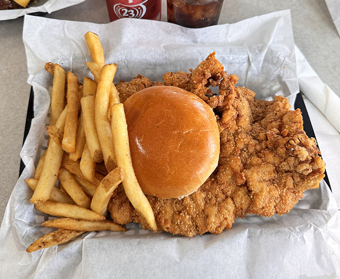Indiana's famous pork tenderloin sandwich &ndash; where the meat-to-bun ratio suggests someone forgot to tell the pork it wasn't supposed to be the size of a frisbee.