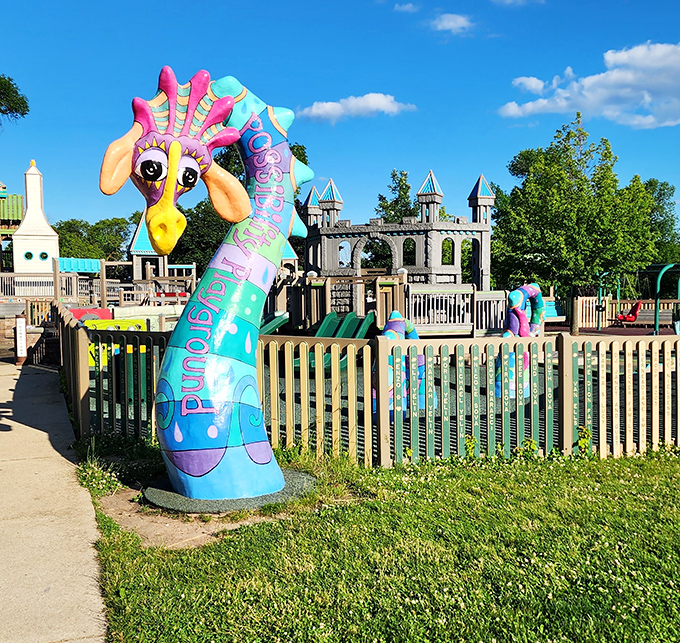 Possibility Playground lives up to its whimsical name with colorful sea creatures and castle structures that spark imagination in visitors of all ages.
