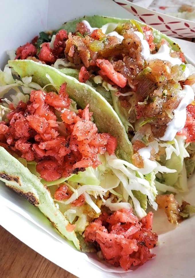 Lime-kissed tacos adorned with colorful salsas that make your ordinary lunch break feel like a beachside fiesta in Baja.