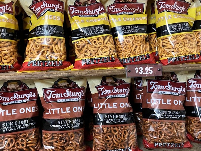Bags of pretzel goodness lined up like soldiers ready for snack duty. Each one contains a crunchy battalion prepared to conquer hunger one bite at a time.