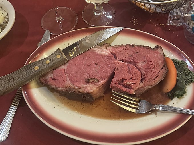 Prime rib carved thick and rosy-pink, the kind of beef that makes vegetarians question their life choices.