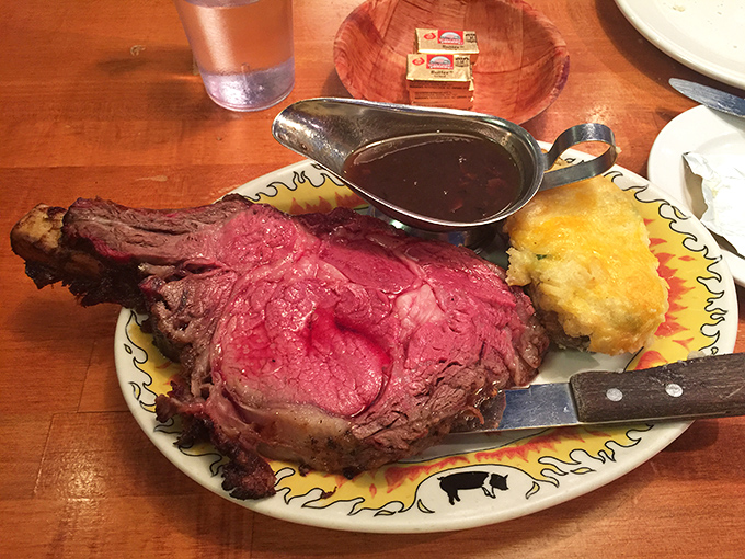 Prime rib so perfectly medium-rare it should be in the dictionary next to "carnivore's dream," accompanied by a cornbread muffin that refuses to be overshadowed.